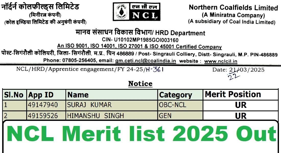 NCL 1765 Apprentice Vacancy Merit List - PunjabJobAlert.com
