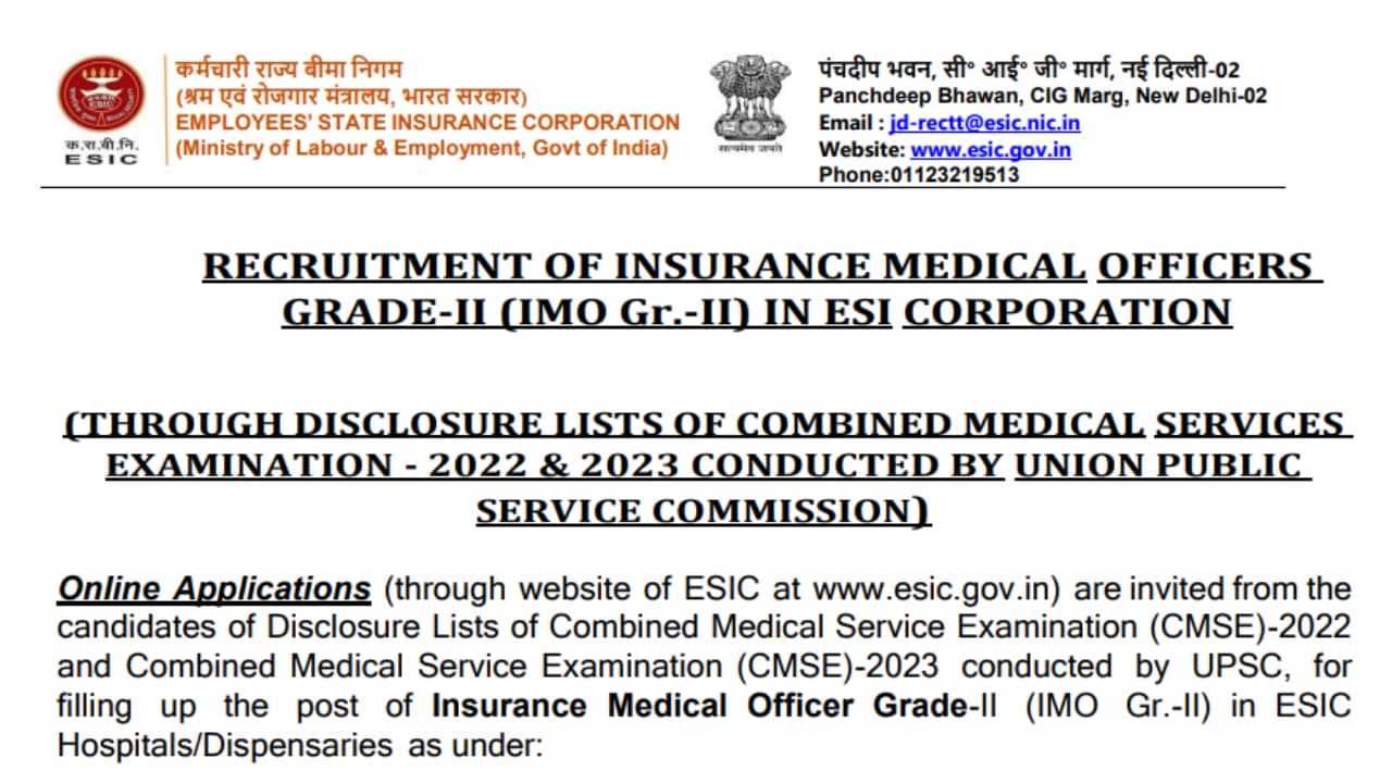 ESIC 608 Insurance Medical Officer Vacancy Online Form - Punjab Job Alert