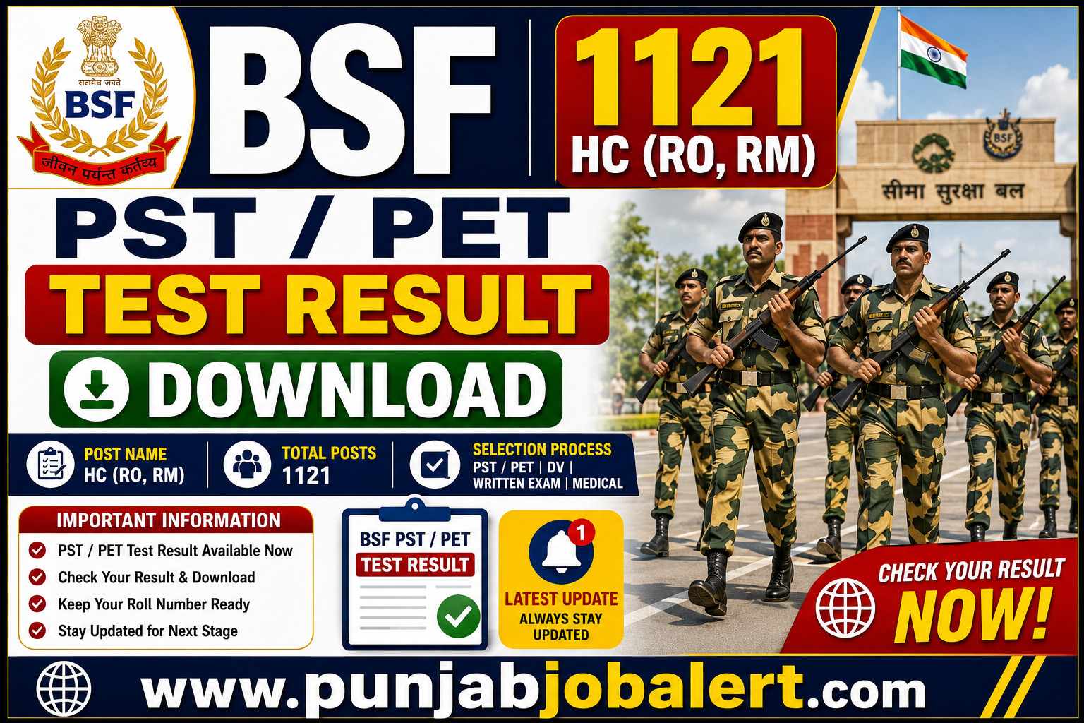 BSF 1121 Head Constable (RO, RM) PST / PET Test Result - PunjabJobAlert.com