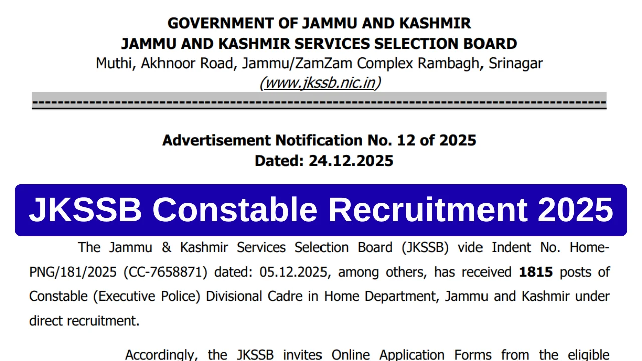 JKSSB 1815 Police Constable Vacancy Online Form - PunjabJobAlert.com
